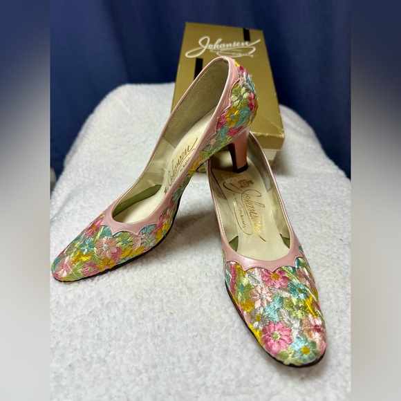 Shoes | Vintage Johansen Floral Embroidered Heels In Original Box Size ...